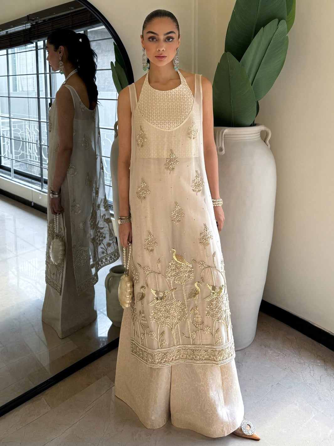 Revya – Ivory Hand-Embroidered Organza Kurta Set with Wide-Leg Pants ...